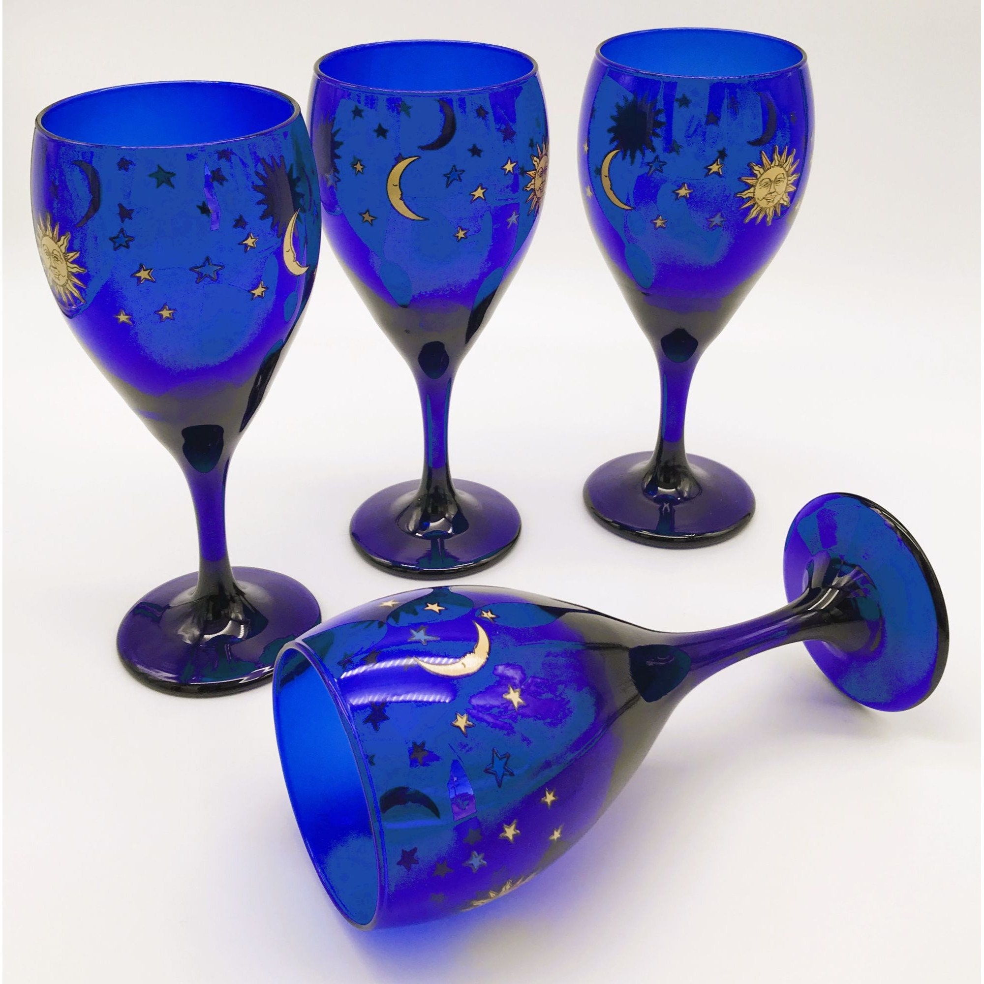 Libbey Cobalt Sun Moon Stars Wine Glasses Set 4 Celestial - Etsy