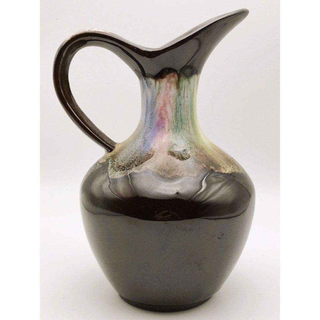 Redware Pitcher Vintage Pottery Brown Drip Glaze Iridescent Ewer Japan ...