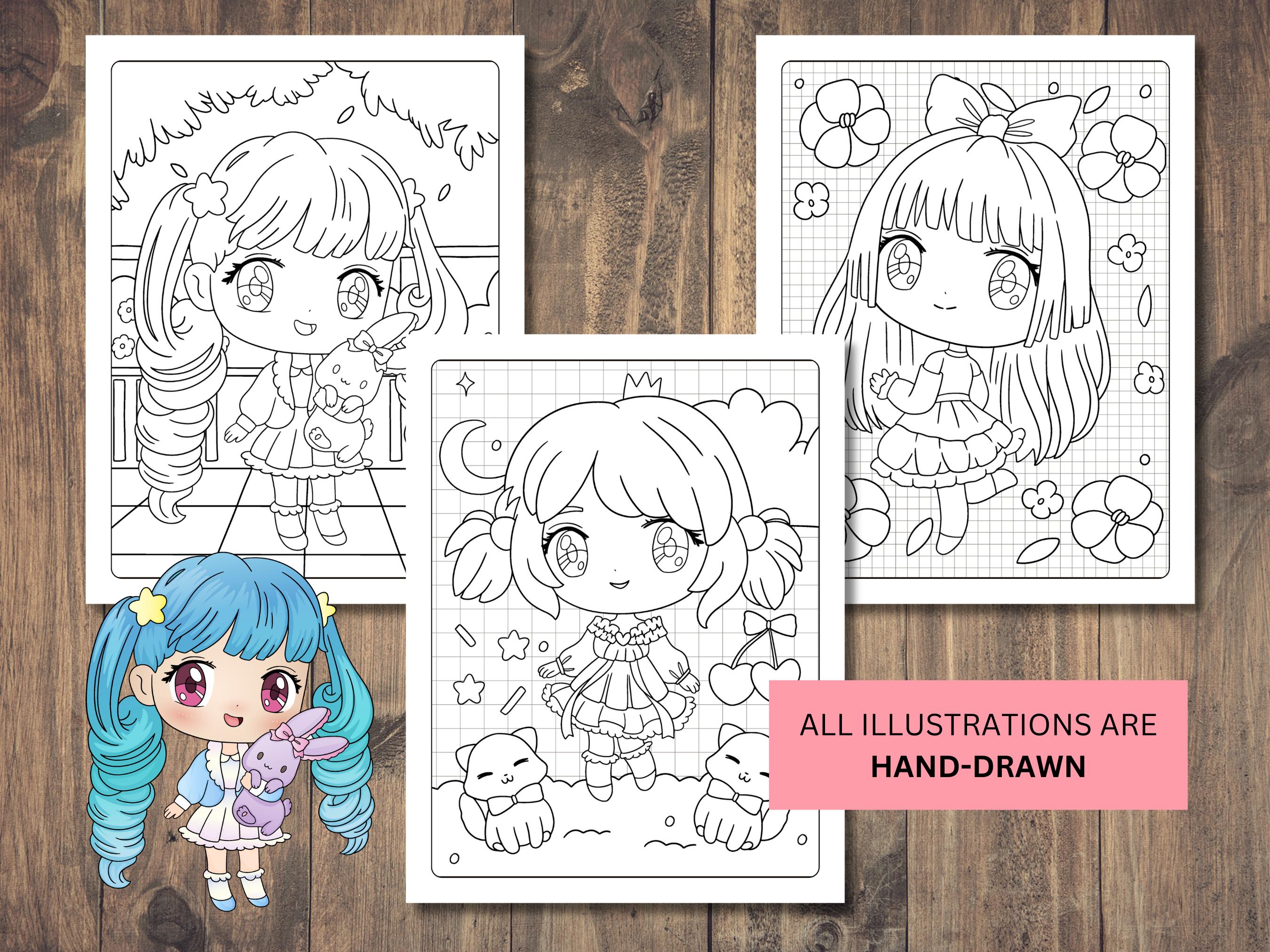 Cute Kawaii Girls Coloring Pages for Adults and Kids | Hand-drawn ...