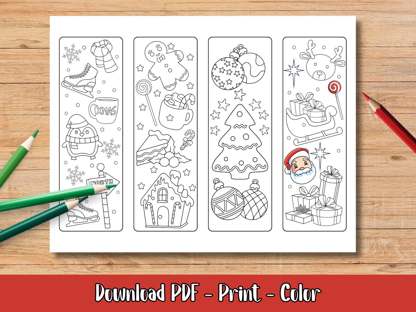 Printable Christmas Coloring Bookmarks, Christmas Activity Page, Color ...