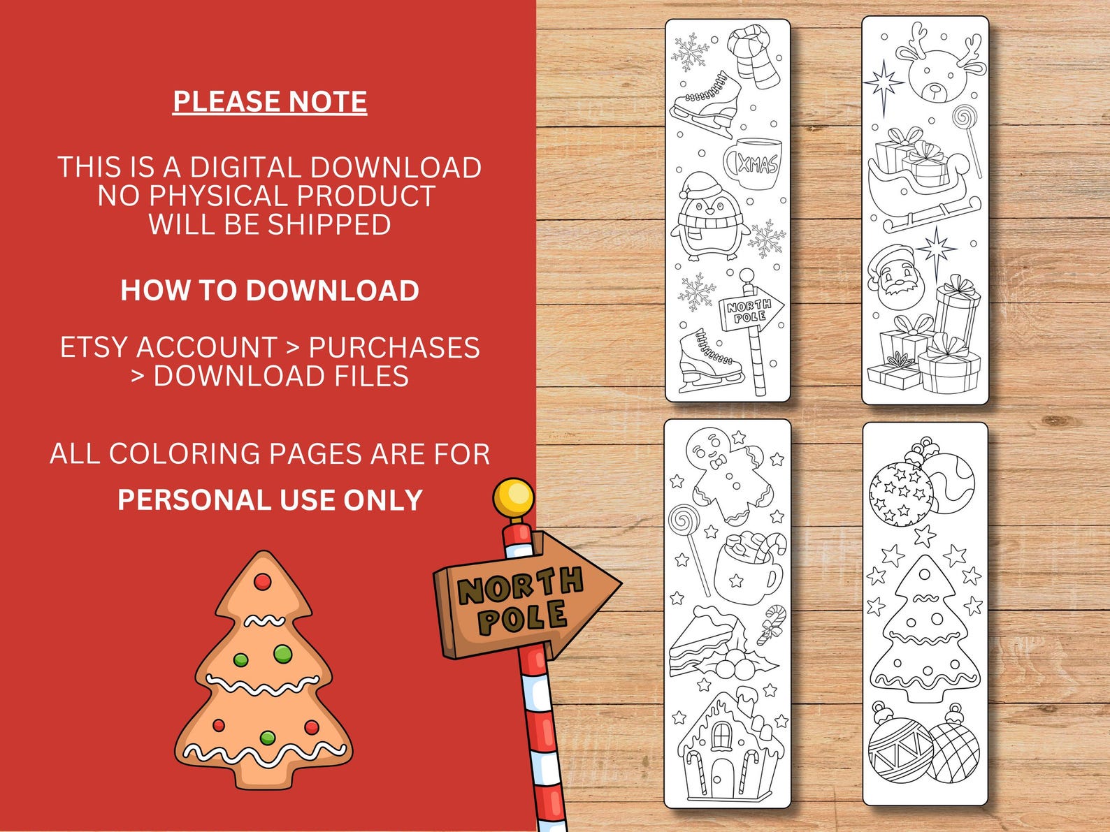 Printable Christmas Coloring Bookmarks, Christmas Activity Page, Color ...