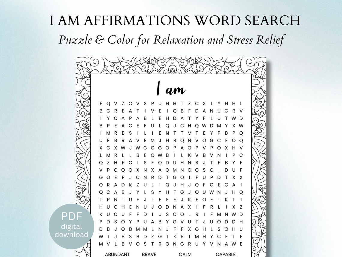 I Am Affirmations Word Search Puzzle | Printable Mindfulness Activity ...