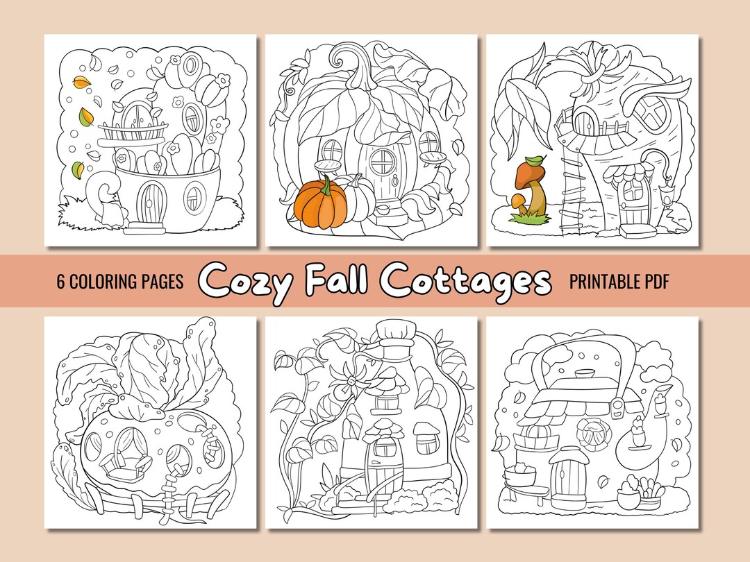 Fall Coloring Pages, Autumn Coloring Sheets, Hand-drawn Cozy Cottages ...