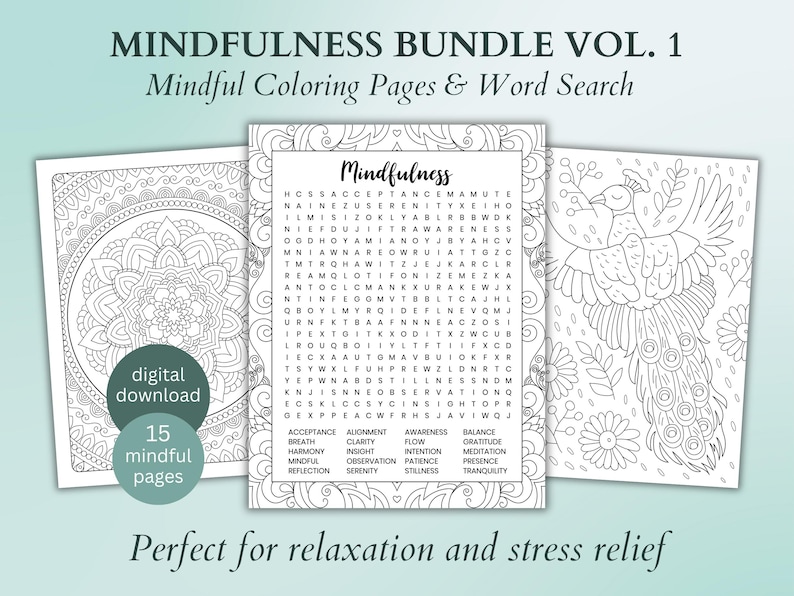 Mindfulness Coloring Pages & Word Search: Stress Relief Activity ...