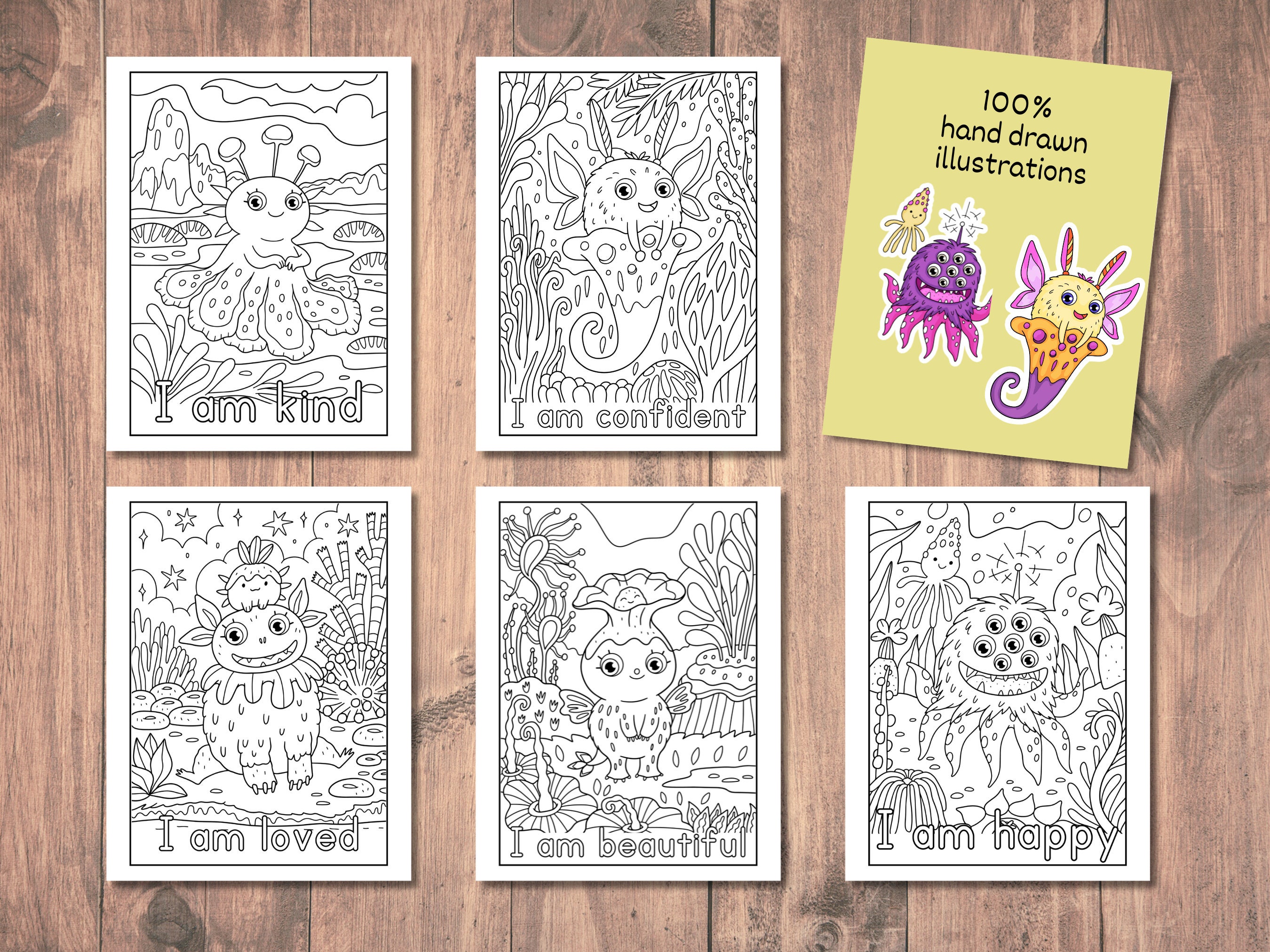 Positive Affirmations Coloring Pages for Kids: Printable Monster Alien ...