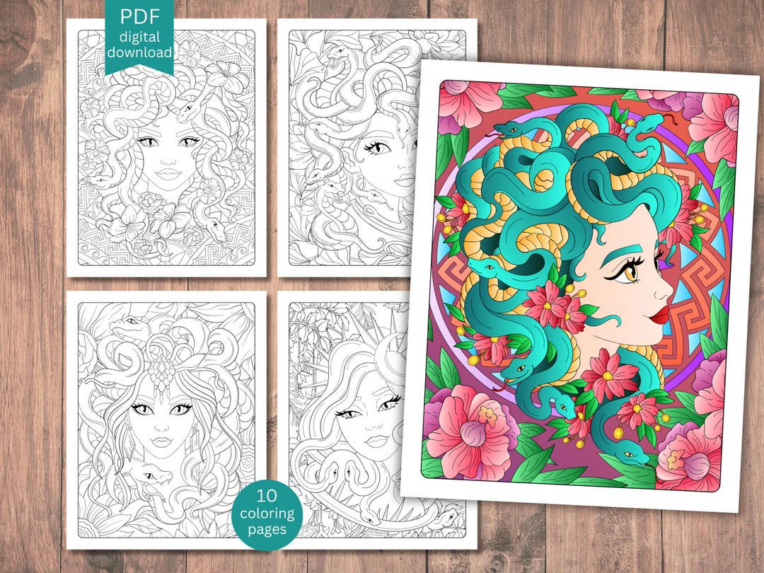 Medusa Coloring Pages, Hand-drawn Greek Mythology Coloring Sheets ...