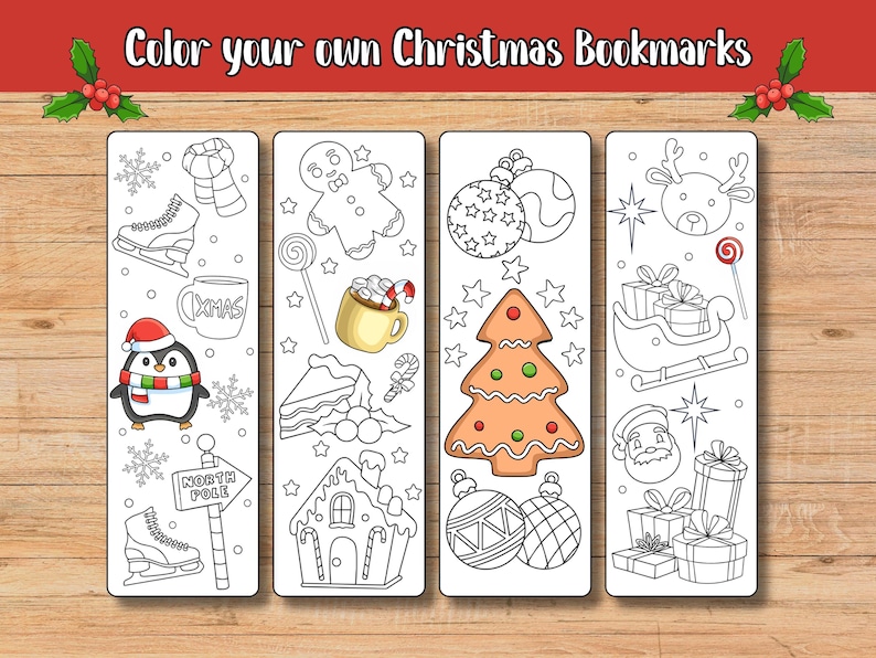 Printable Christmas Coloring Bookmarks, Christmas Activity Page, Color ...