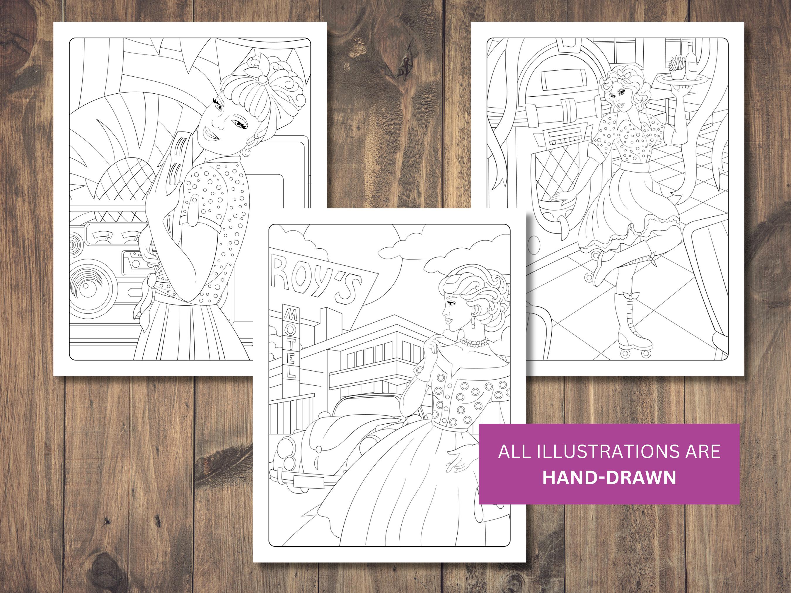 Hand-drawn Vintage 1950s Women Coloring Pages Retro Fashion Printable ...