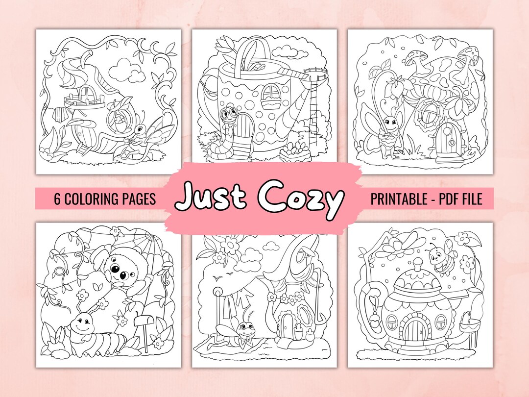 Cozy Spaces Coloring Pages for Adults, Hand-drawn Cute Animal Friends ...