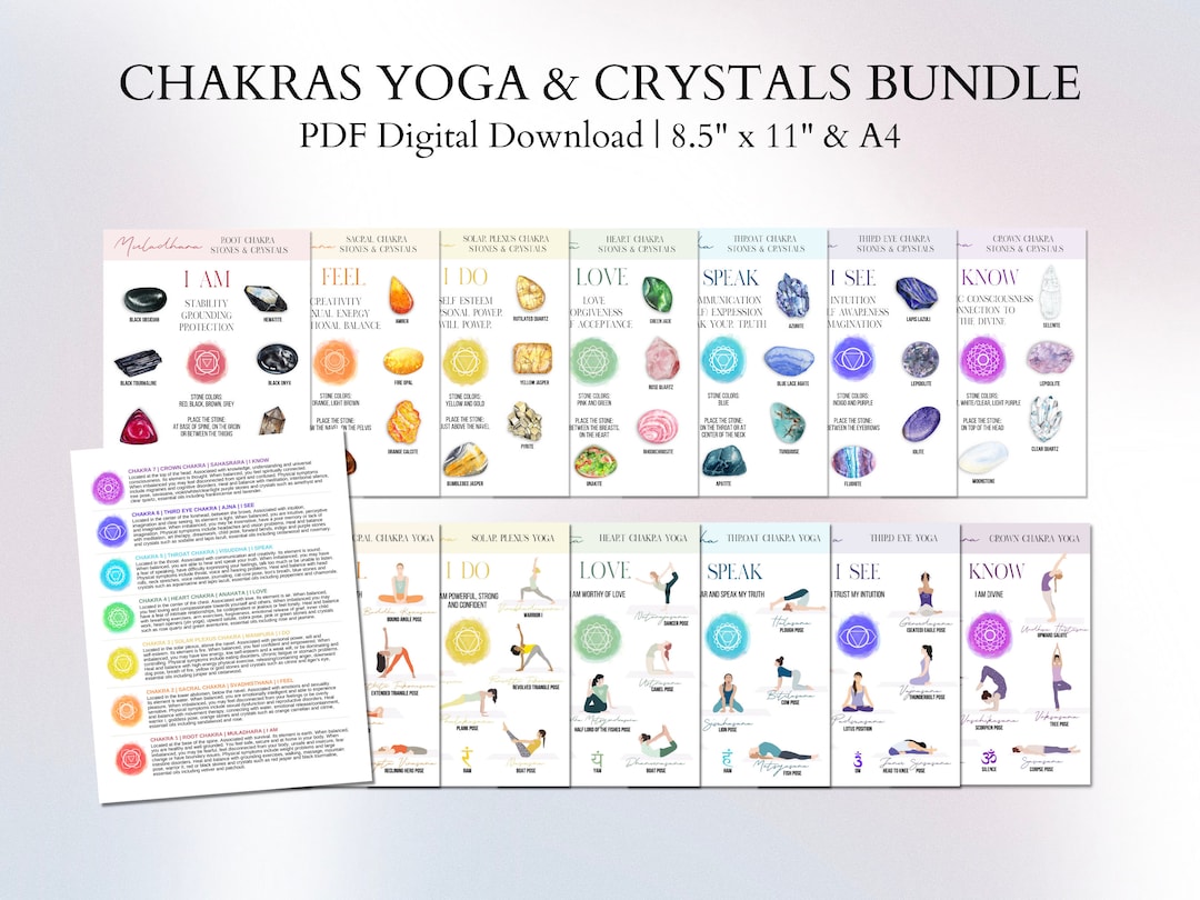 CHAKRA BUNDLE: Chakra Printable Cards Set, Chakra Yoga Charts, Chakra Crystals Poster, Chakra ...