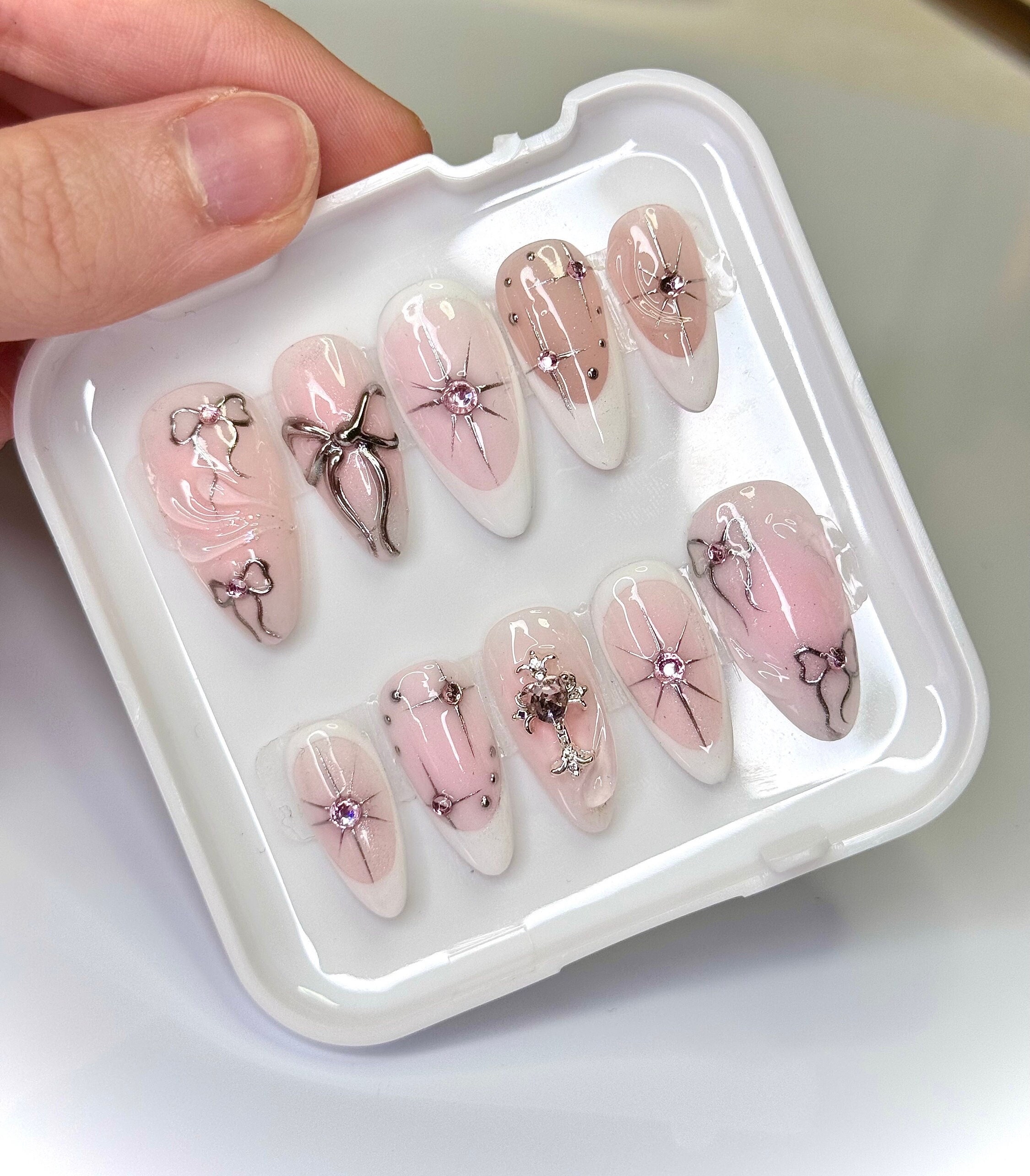 Cyber Angel Hyperfeminine Press on Nails balletcore Nails Pink Chrome ...