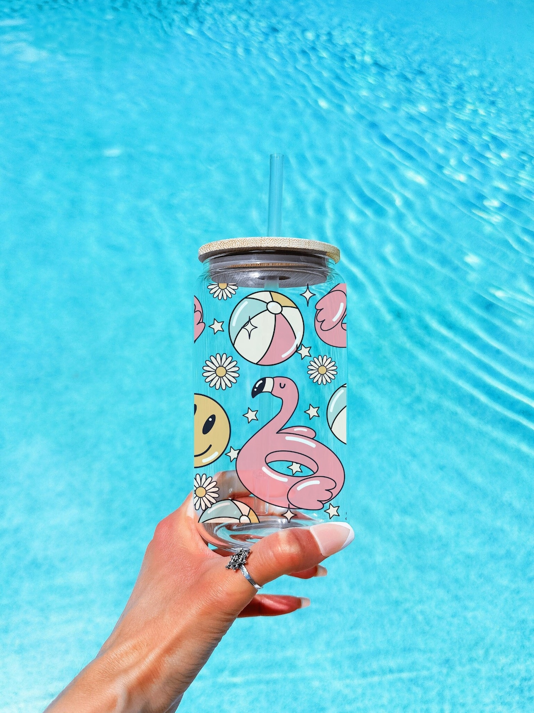 Summer Pool Party Glass Can Summer Coffee Glass Beach Coffee Cup 16oz ...