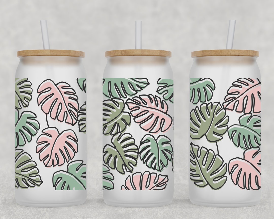 Tropical Palm Leaves Glass Can Monstera Coffee Glass Tropical Cup ...