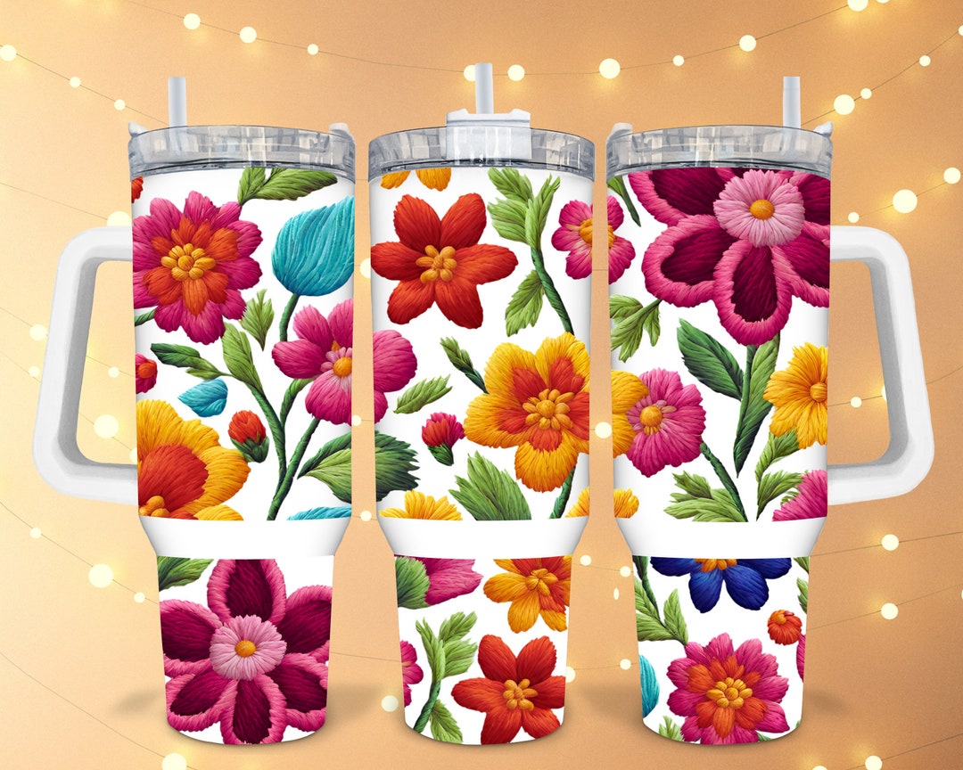 Mexican Embroidery Colorful Flowers 40oz Quencher Tumbler Floral ...