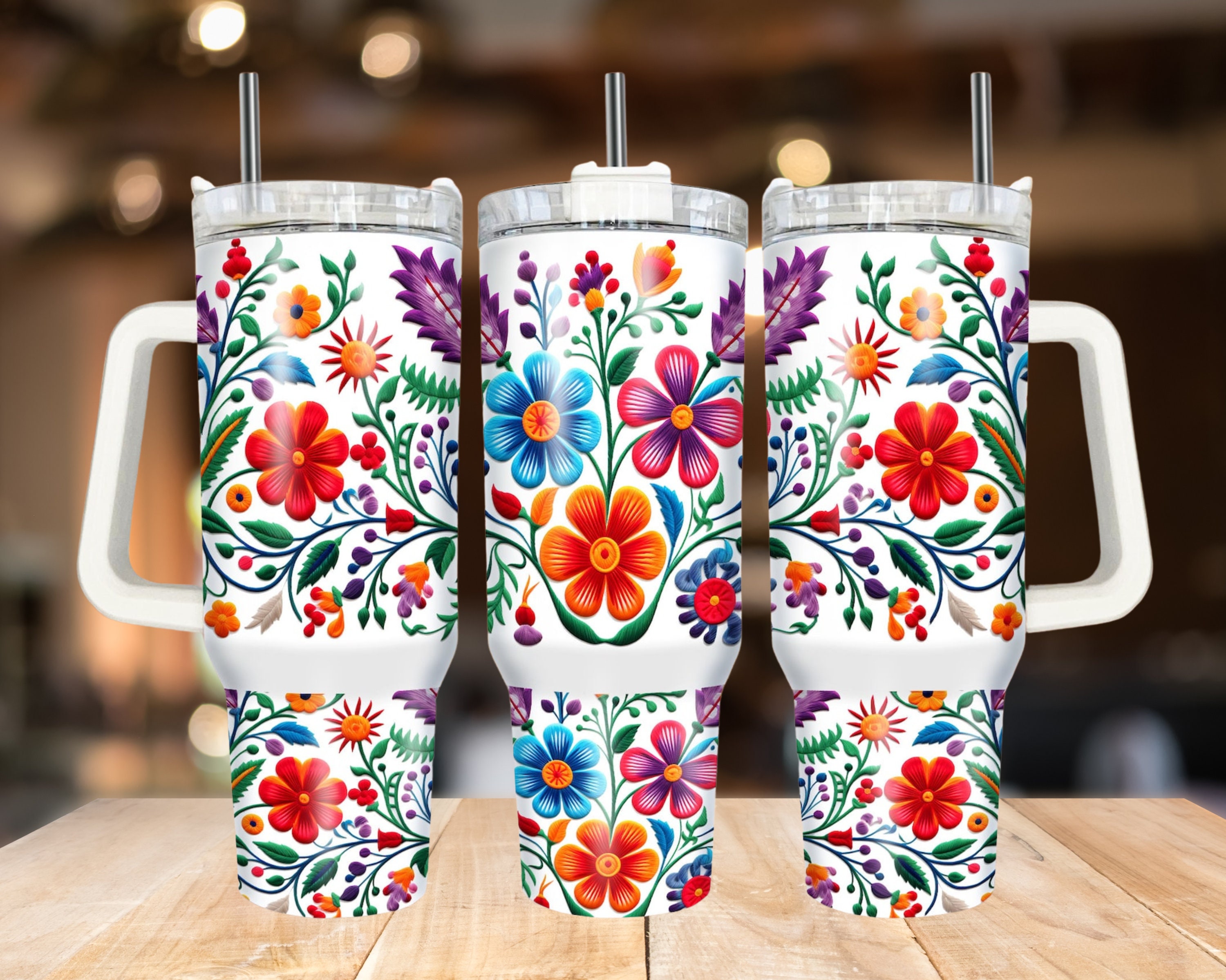 Mexican Embroidery Flower 40oz Quencher Tumbler Floral Pattern Seamless ...