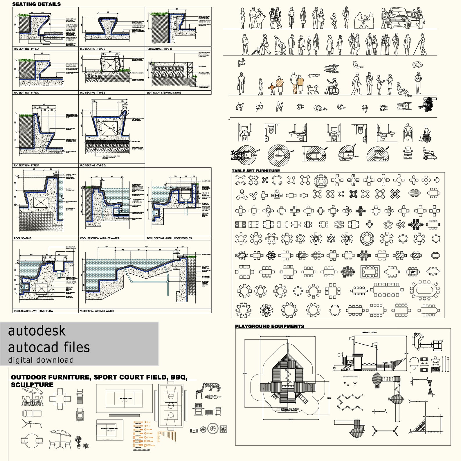 Disegni di modelli di blocchi DWG 2D AutoCAD: figure umane, piante ...