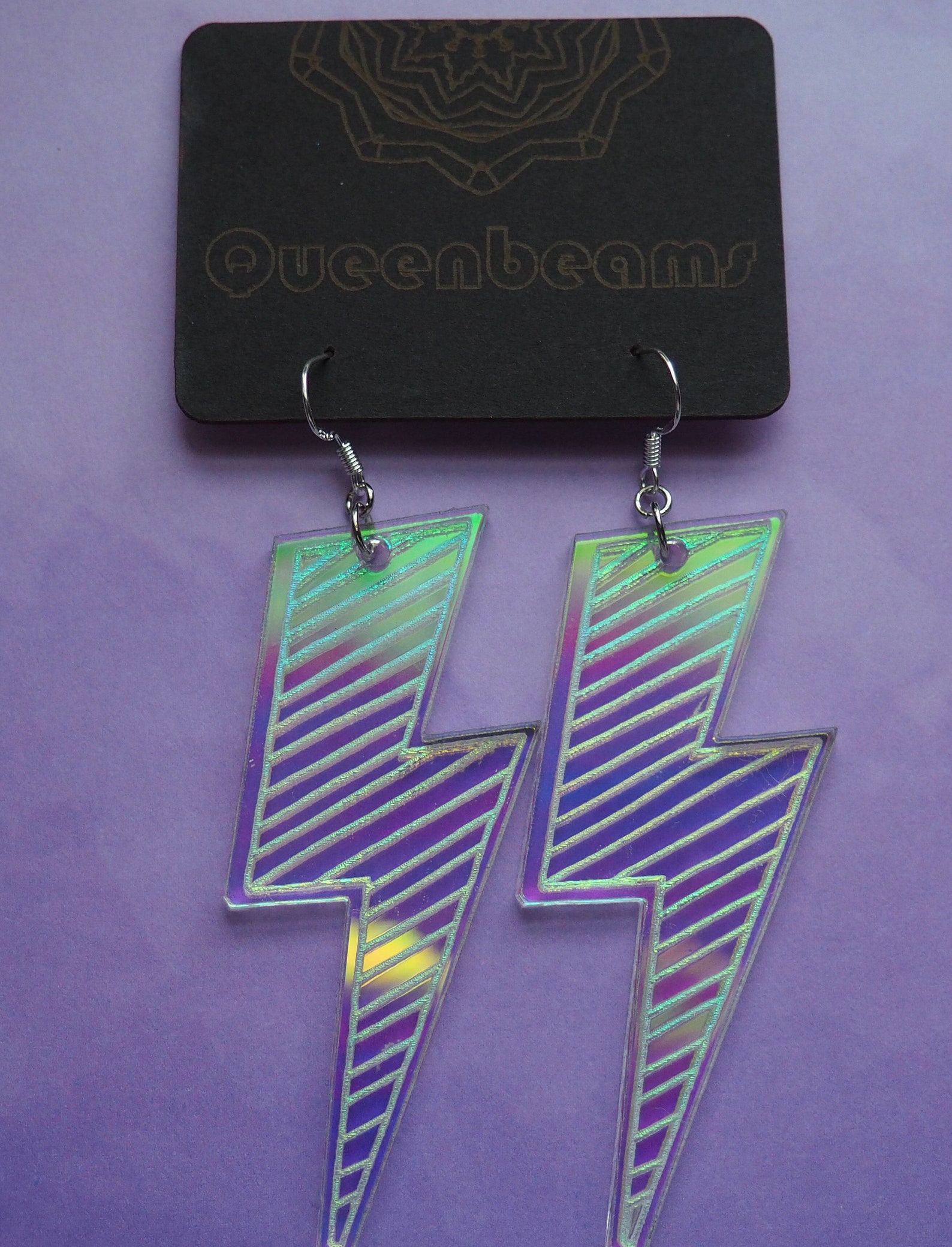 Iridescent Lightning Bolt Dangle Earrings, Mirrored Acrylic, Sterling ...
