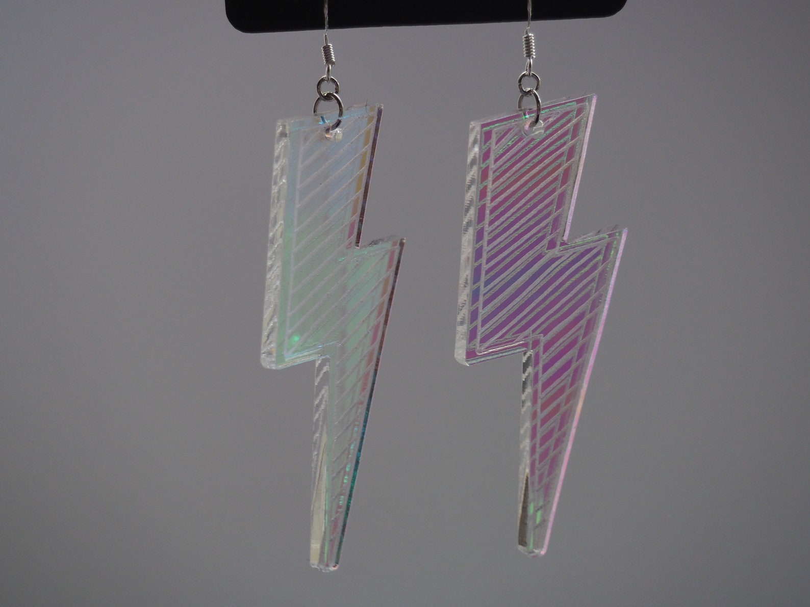 Iridescent Lightning Bolt Dangle Earrings, Mirrored Acrylic, Sterling ...