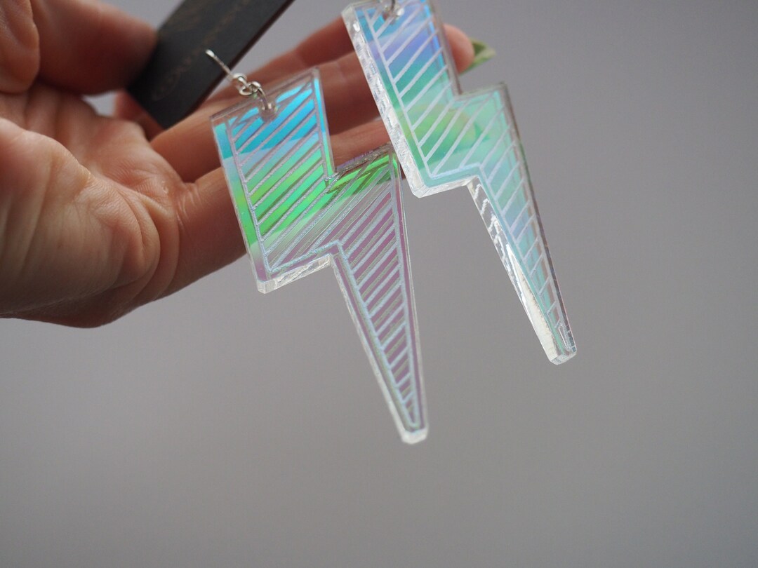 Iridescent Lightning Bolt Dangle Earrings, Mirrored Acrylic, Sterling ...