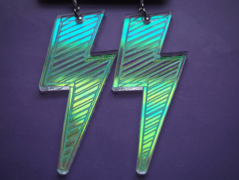 Iridescent Lightning Bolt Dangle Earrings, Mirrored Acrylic, Sterling ...