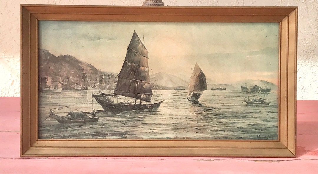 Large Vintage 1965 Asian Junk Rig Ship Boat Framed Art Print Lithograph ...