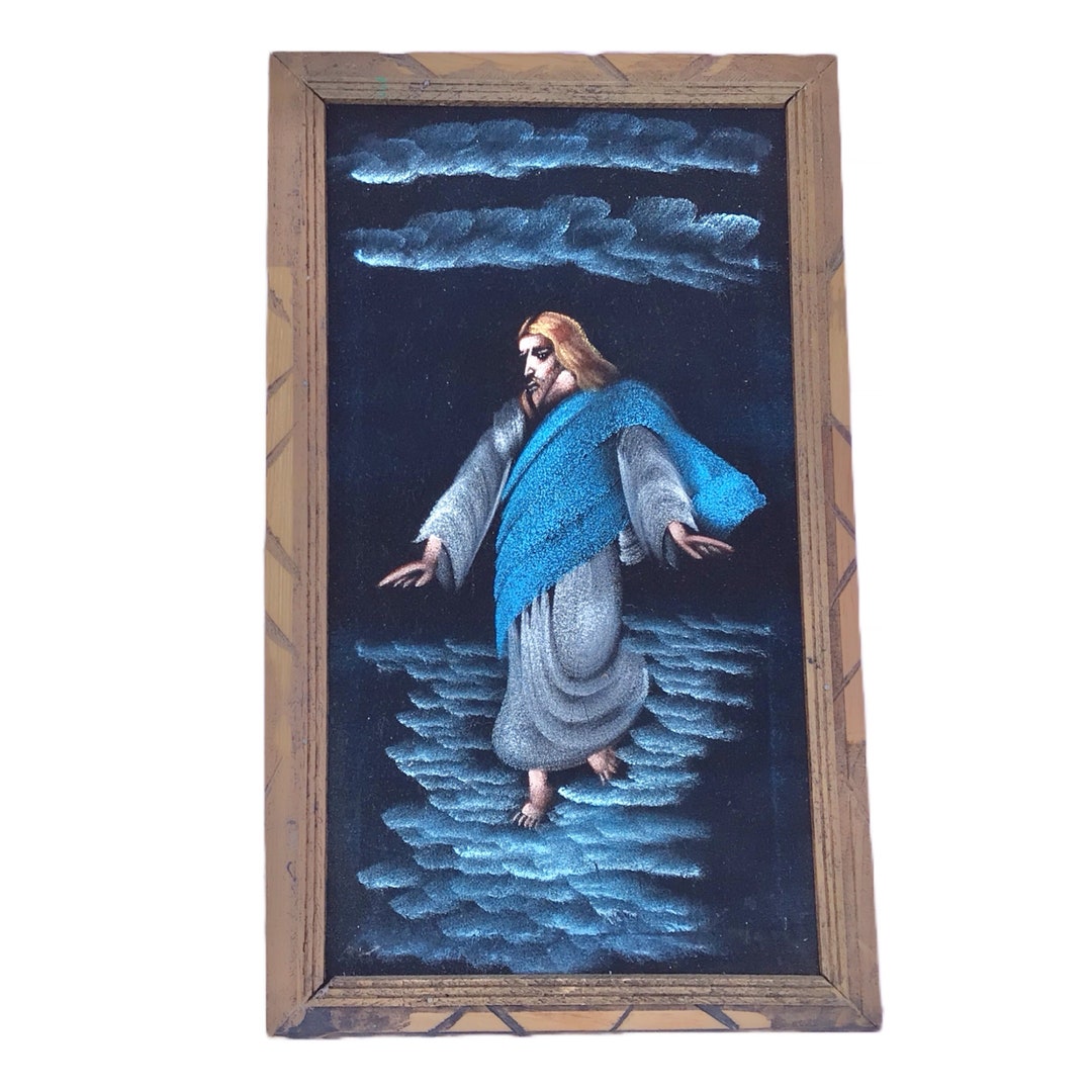 Vintage 1970s Jesus Walking on Water Black Velvet Painting: Kitsch ...