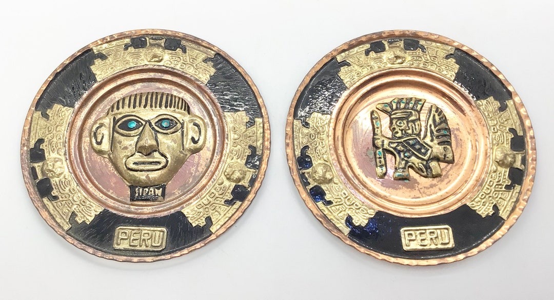 Vintage Pair of 2 Small Peru Peruvian Metal Plates Wall Decor Exotic ...