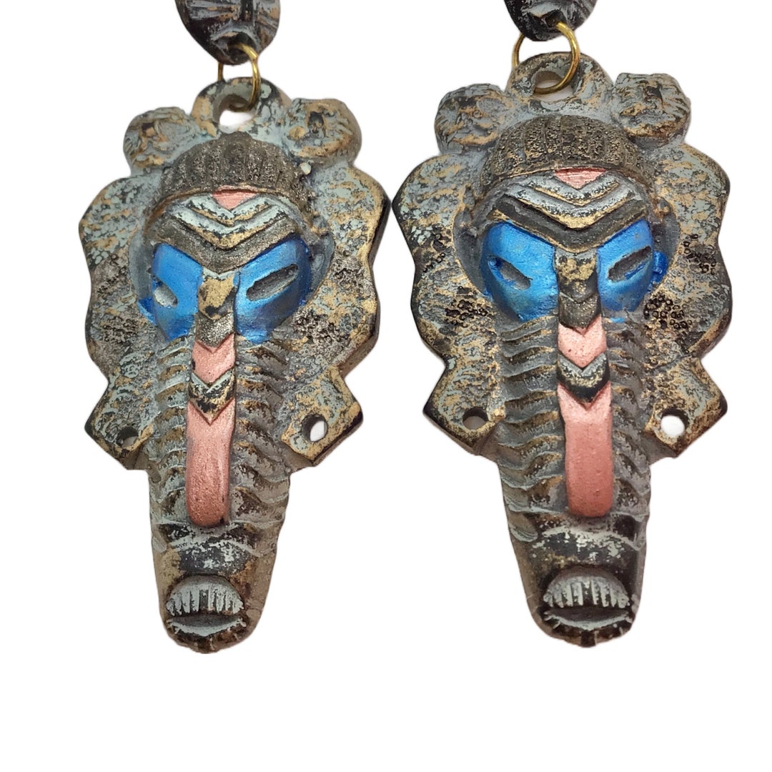 Vintage Huge Tribal Mask Long Dangle Drop Earrings 3.25 Inches - Etsy