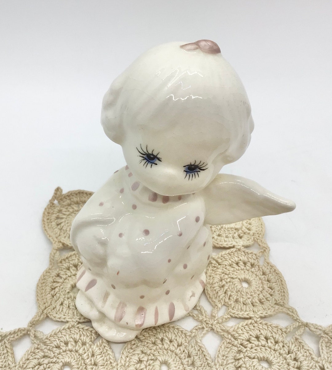 Small Shabby Vintage Ceramic Christmas Angel Decor White and Pink Long ...