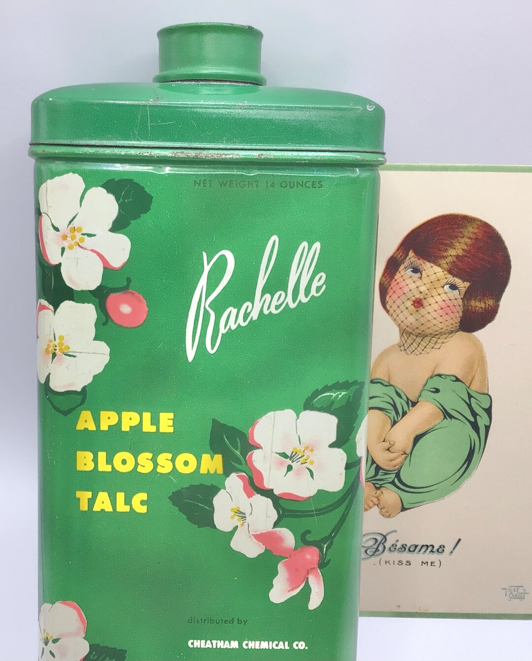 Vintage Apple Blossom Talc Large Talcum Powder Green Metal Tin Velta ...