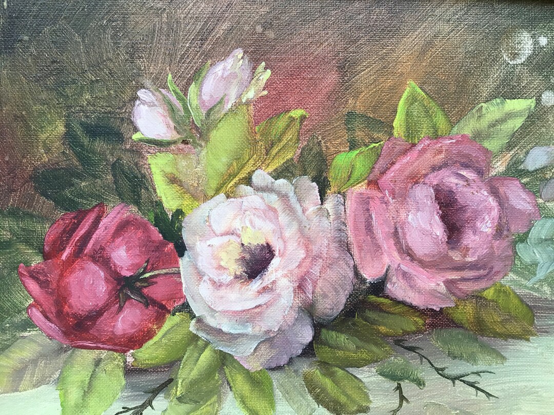 Vintage Triple Roses Oil Painting Original Art Shabby Romantic ...