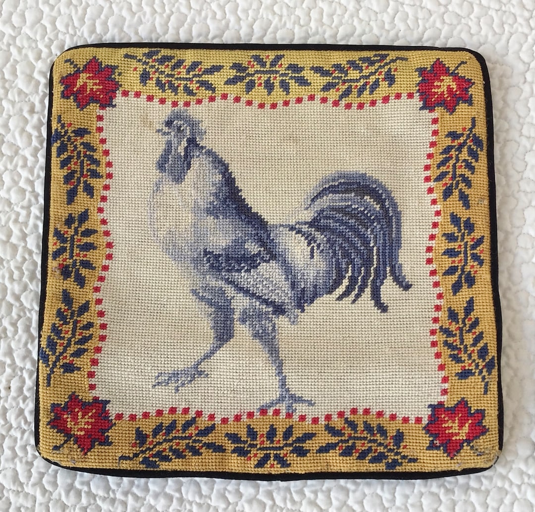 Shabby Vintage Pair of Rooster Chicken Embroidered Needlepoint Tapestry ...