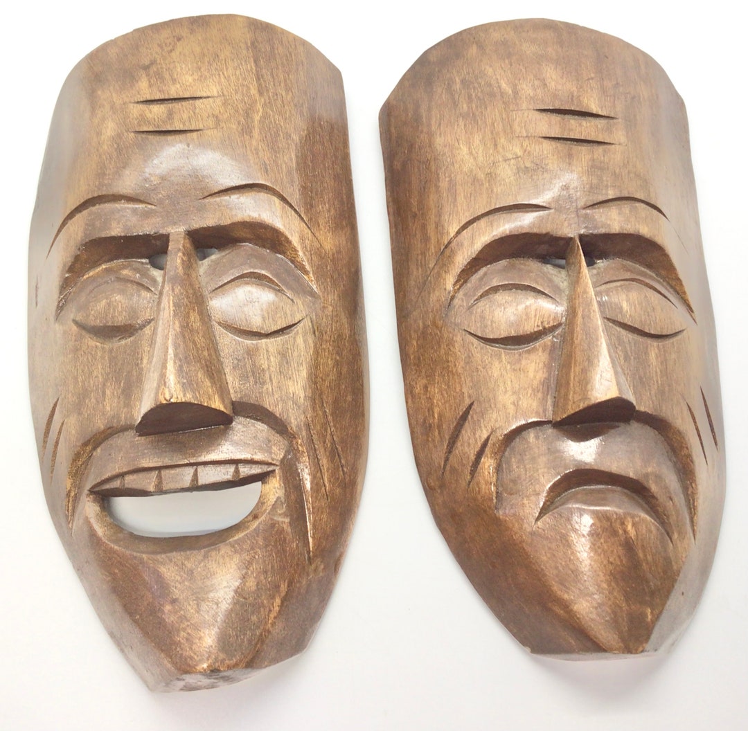 Vintage Carved Wood Tragedy Comedy Mask Home Tabletop Wall Decor Boho ...