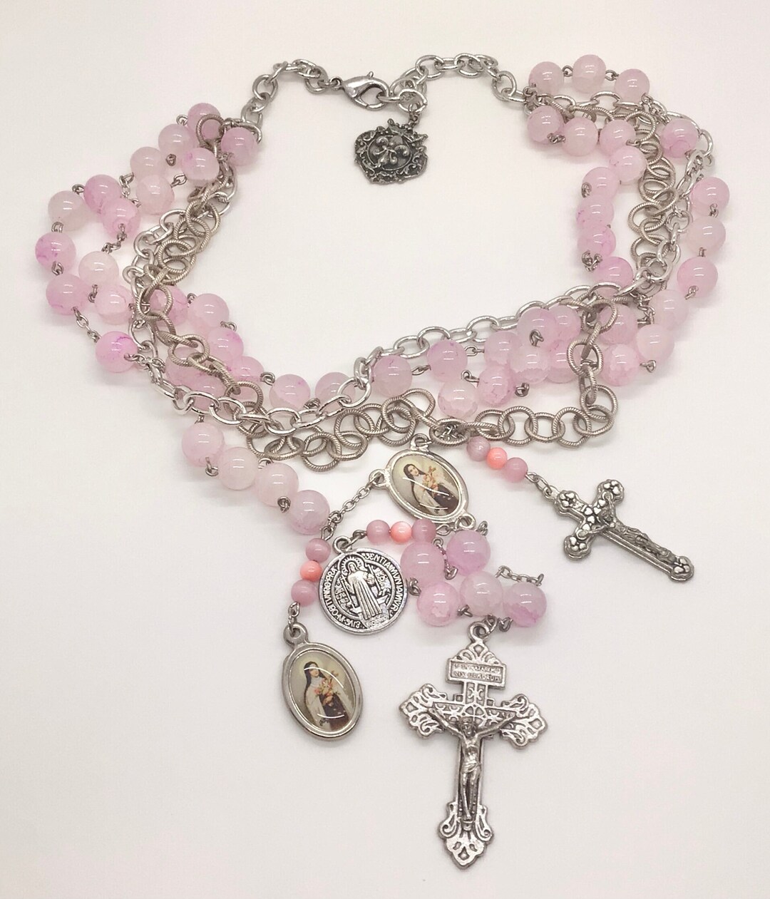 Pink Gemstone Bead Metal Chain Multi-strand Rosary Necklace Religious ...