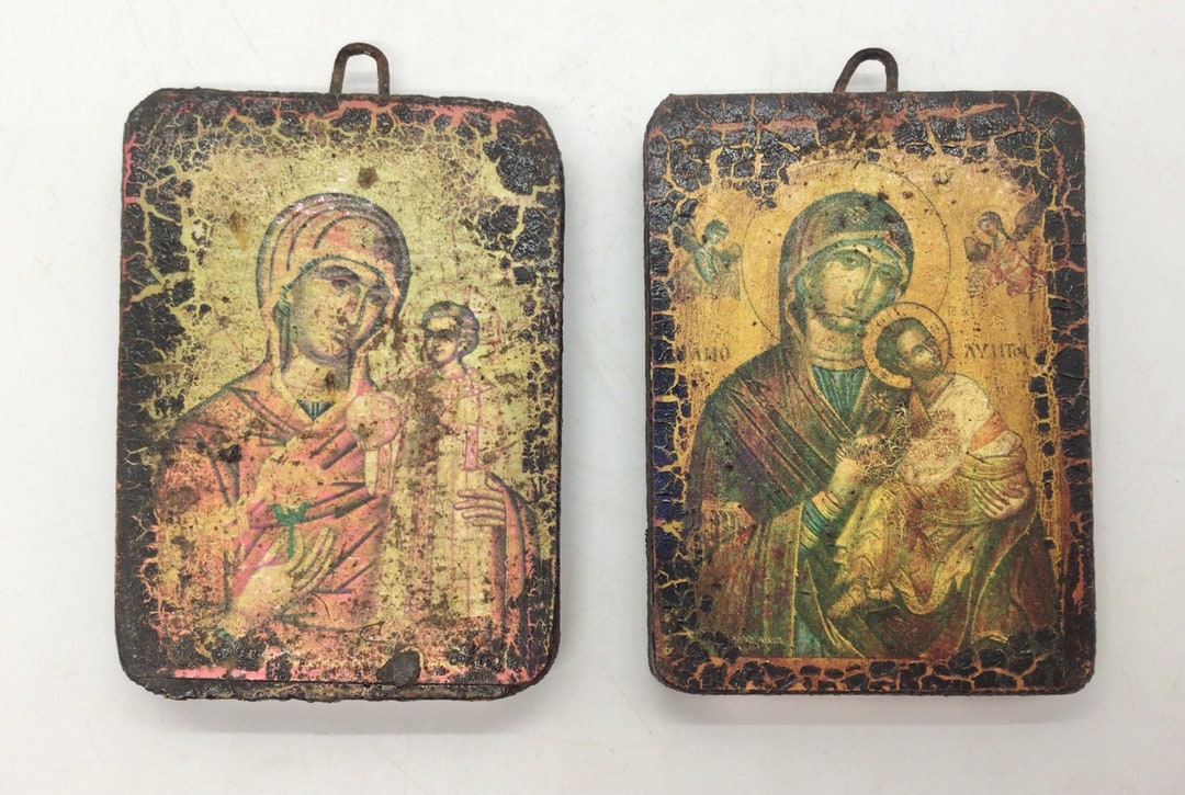 Pair of Small Vintage Greek Orthodox Mother Mary Jesus Wood Plaques ...