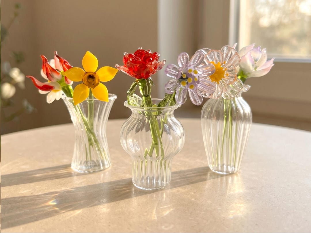 Glass Birth Flower Mom Gifts, Mini Glass Flower With Vase, Handblown ...