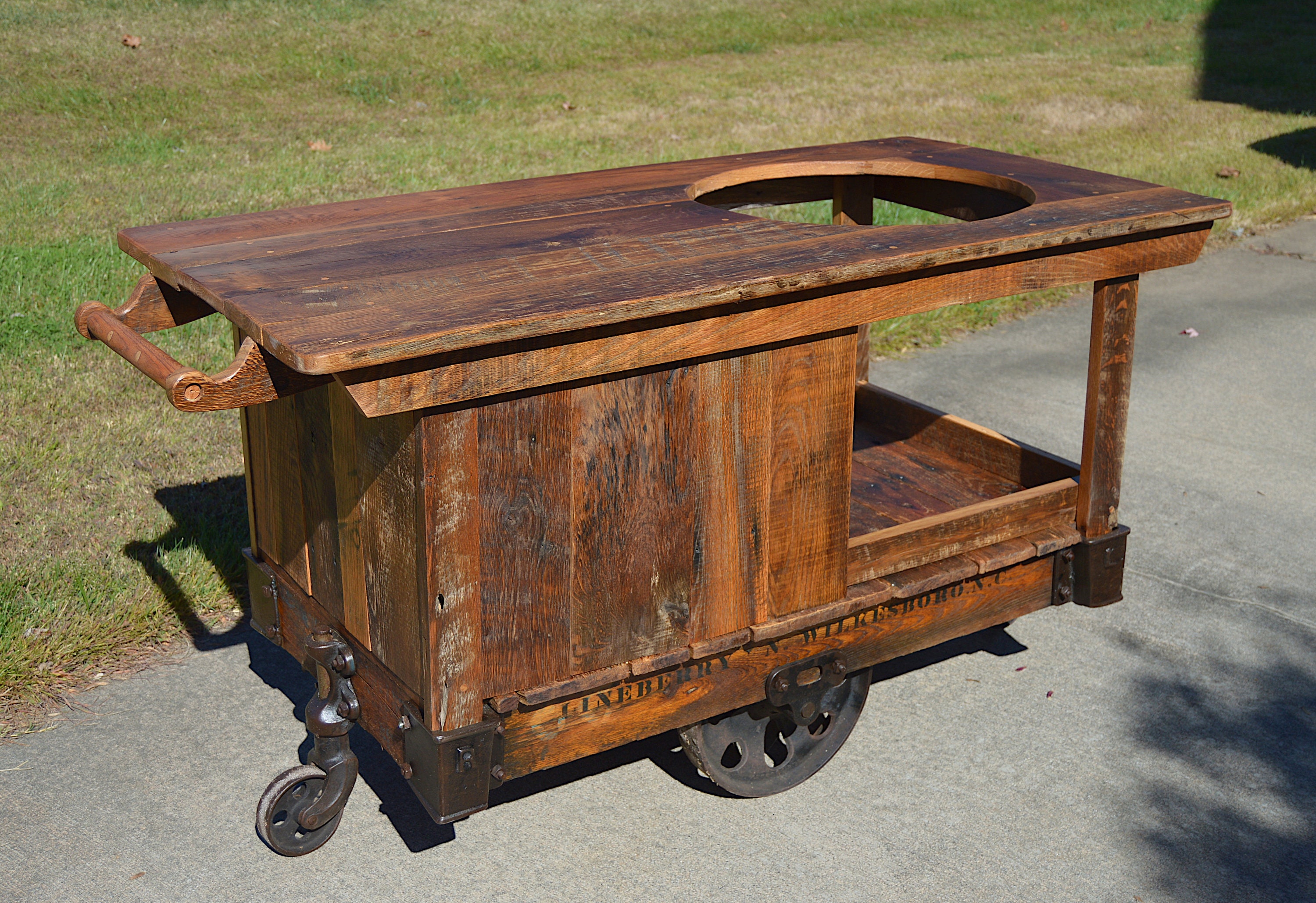 BGE Egg Grill Table/stand Cabinet 2 pickup Only in NC Reclaimed Oak ...