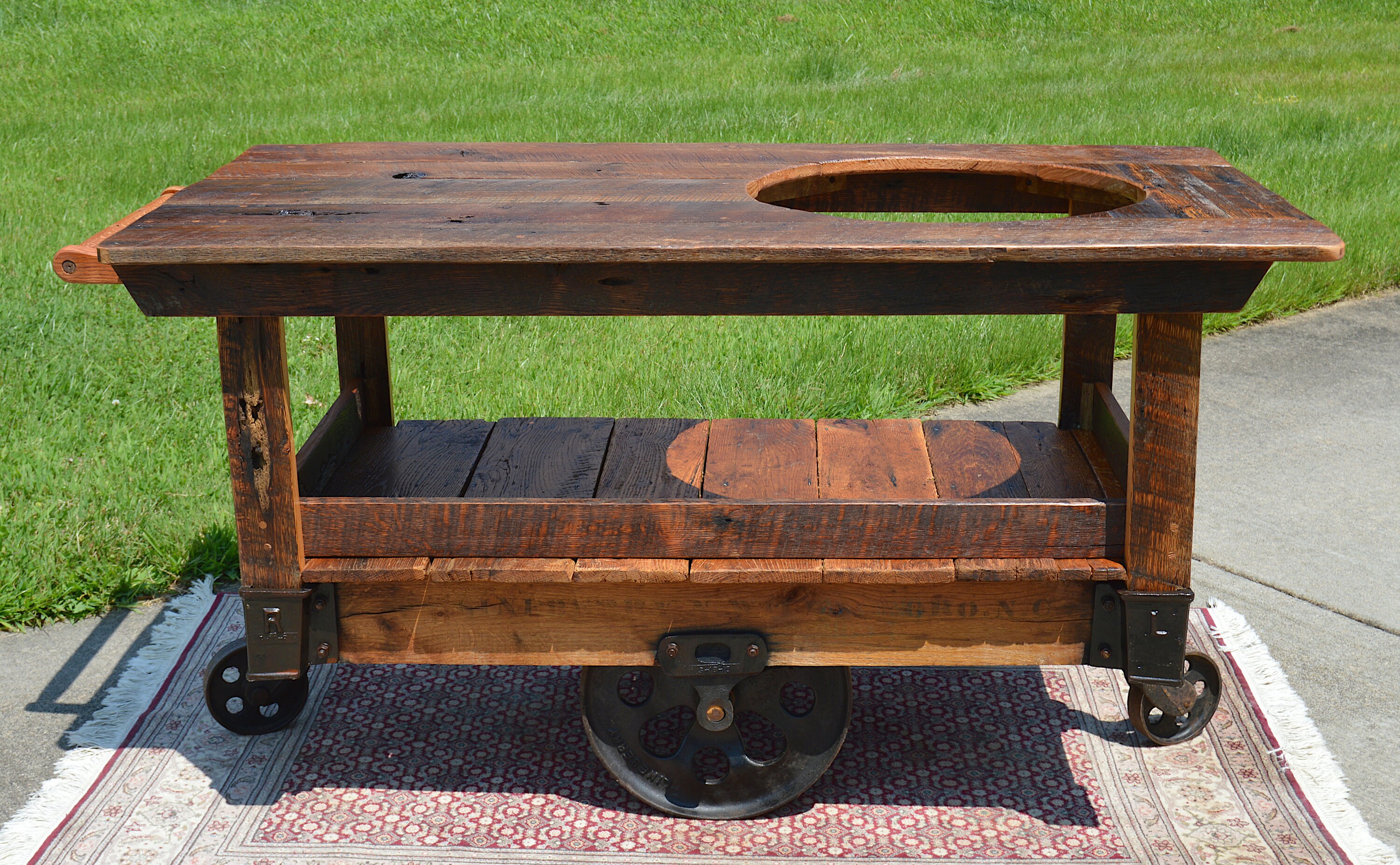 Big Green Egg Grill Table/stand pickup Only in NC Solid Oak Barn Wood ...