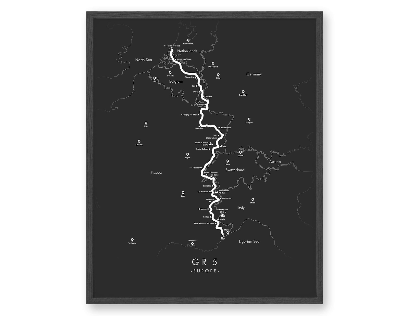 GR5 Trail Map | GR5 Hiking Trail Poster | Grand Randonnée Cinq | Europe ...