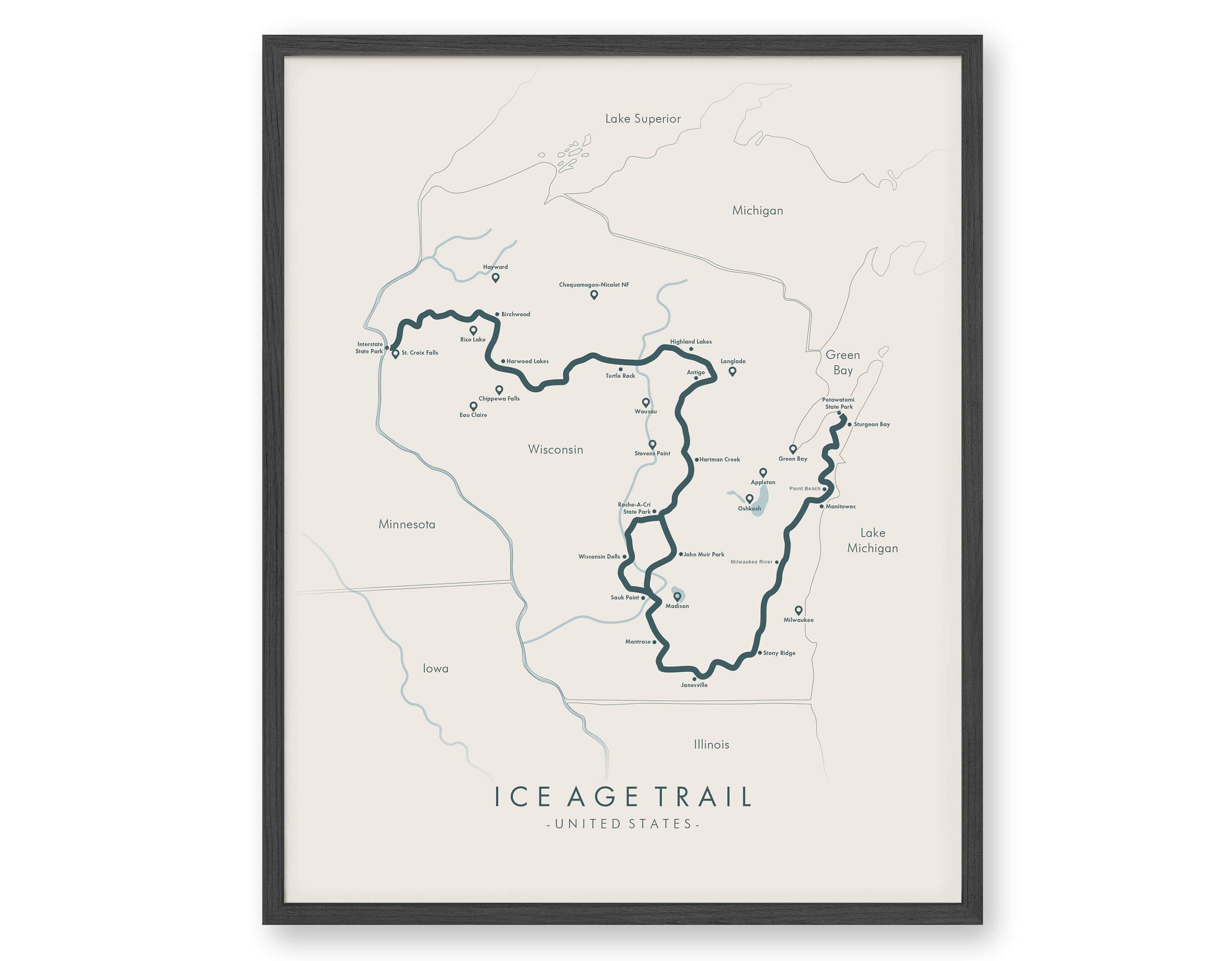 Ice Age Trail Map | Ice Age Hiking Trail Map | Ice Age Trail Poster ...