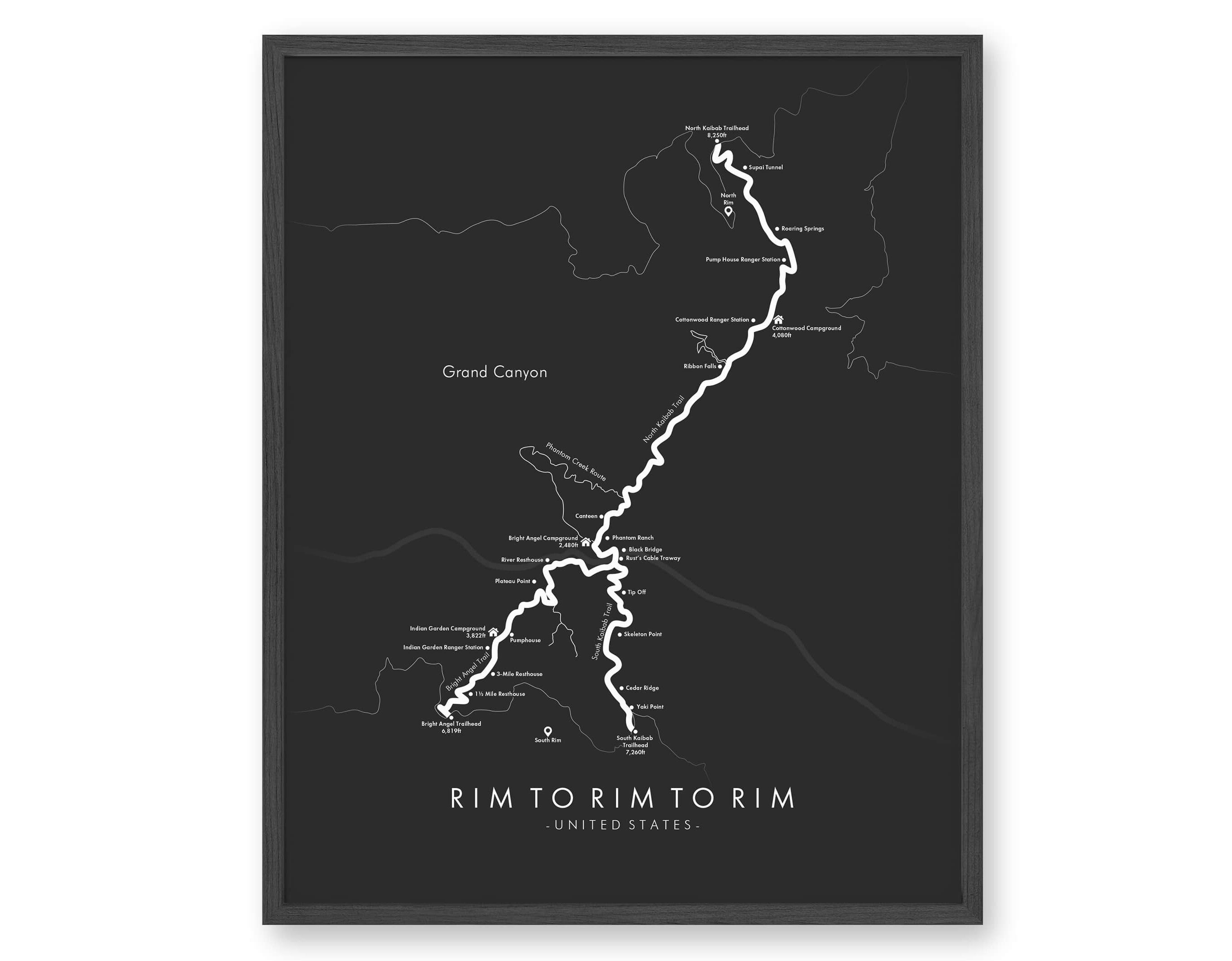 Rim to Rim to Rim Trail Map | Rim to Rim to Rim Hiking Trail Poster ...