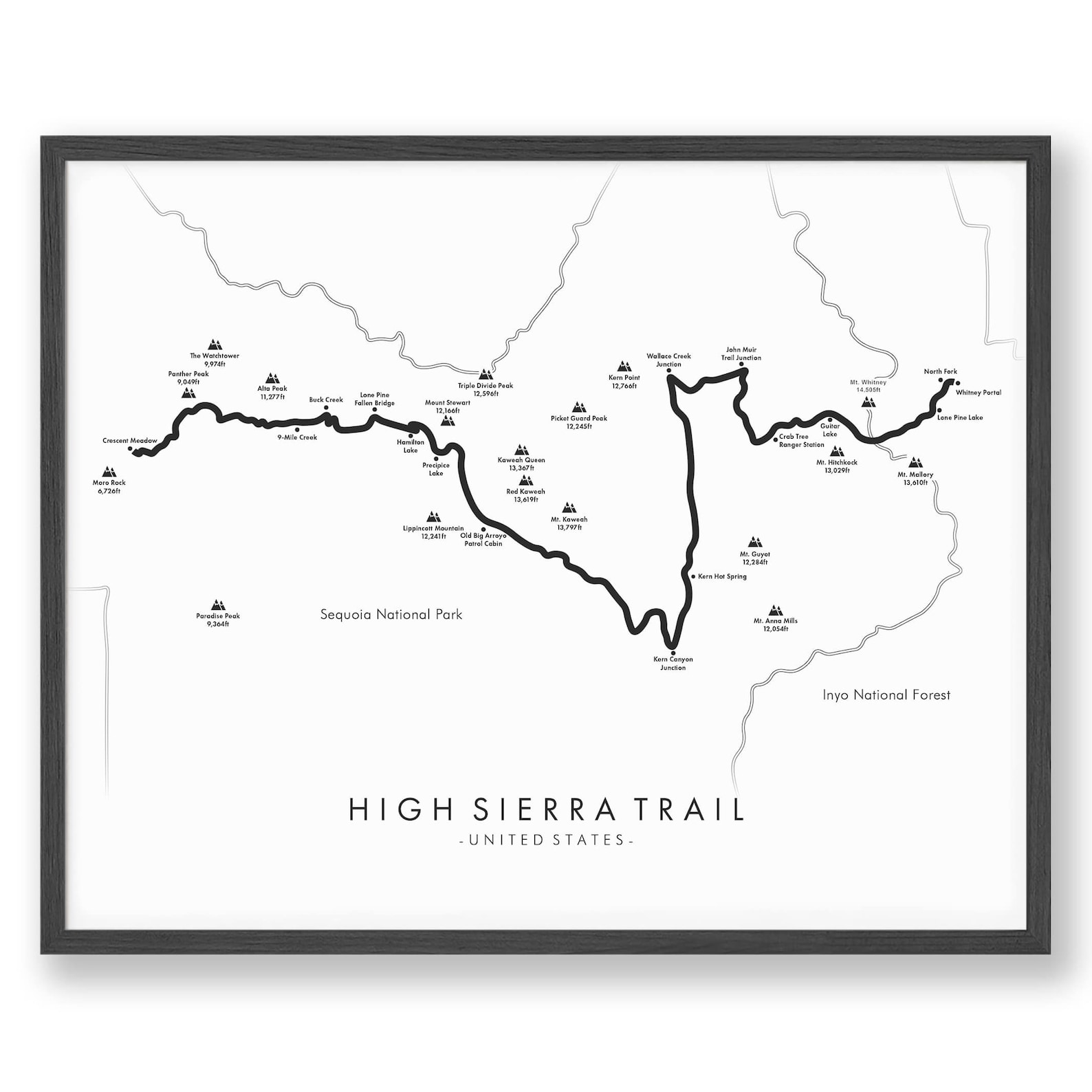 High Sierra Trail Map High Sierra Trail Poster USA Hiking | Etsy