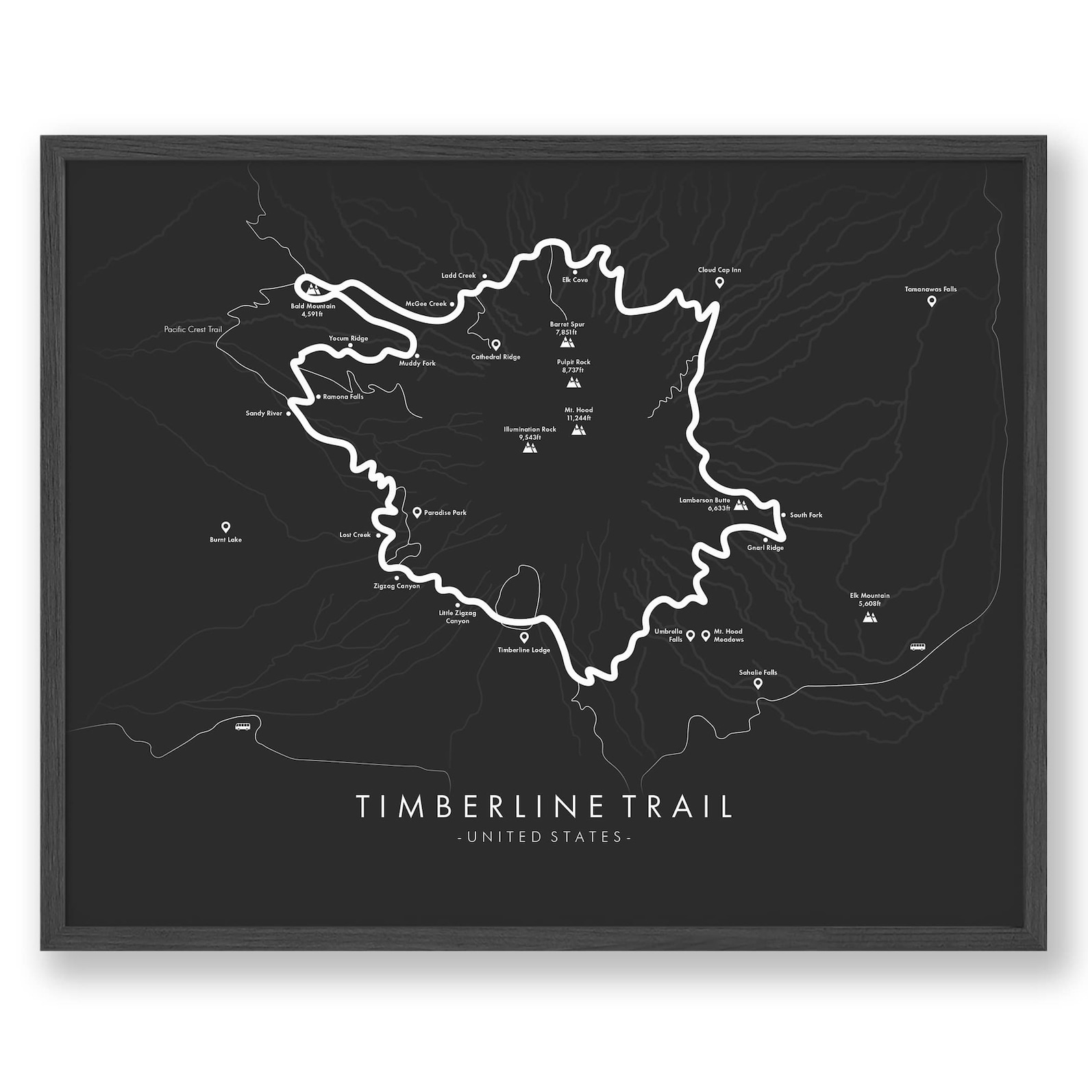 Timberline Trail Map | Mount Hood Trail Poster | Oregon Hiking Poster ...