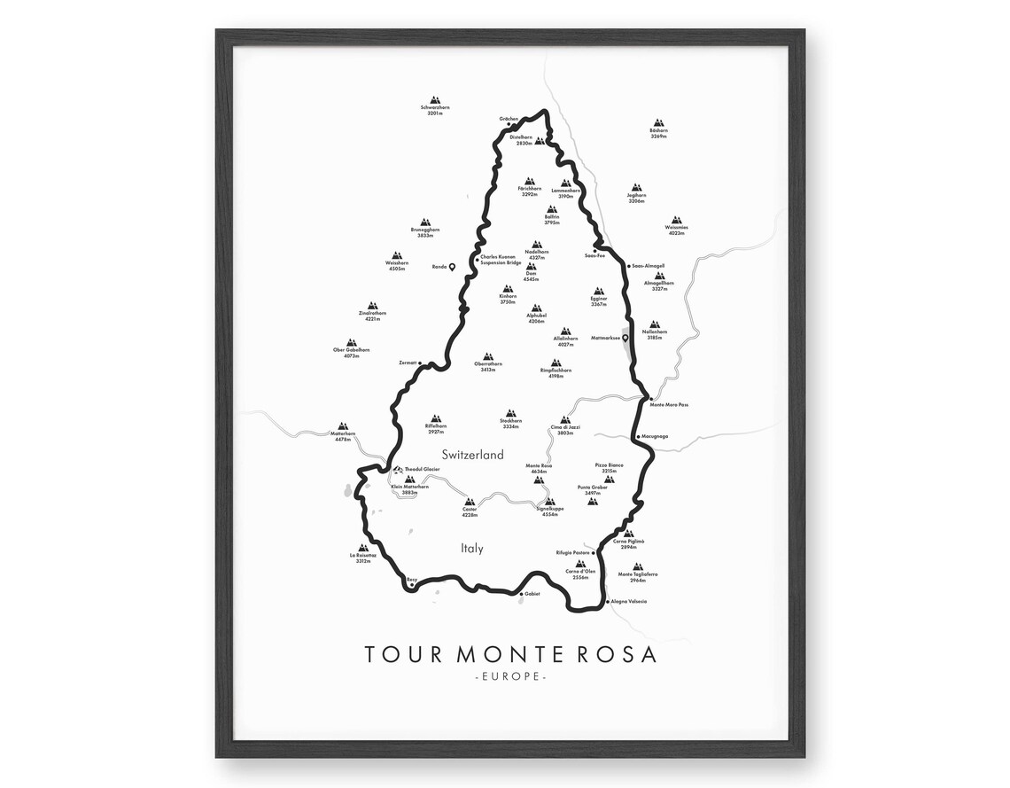 Tour Monte Rosa Map Tour Monte Rosa Poster Hiking Europe - Etsy