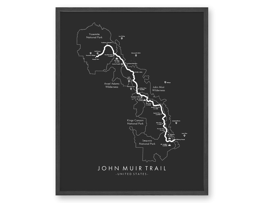 John Muir Trail Map | JMT Hiking Trail Map | JMT Poster | John Muir ...