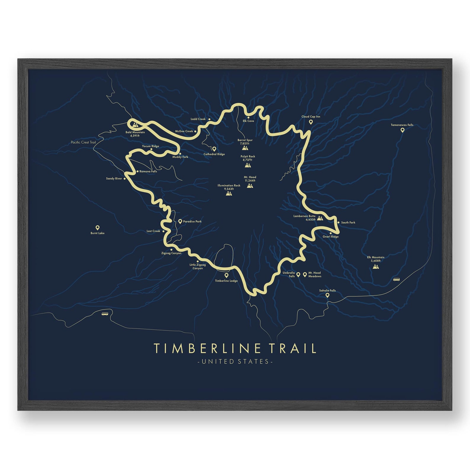Timberline Trail Map | Mount Hood Trail Poster | Oregon Hiking Poster ...