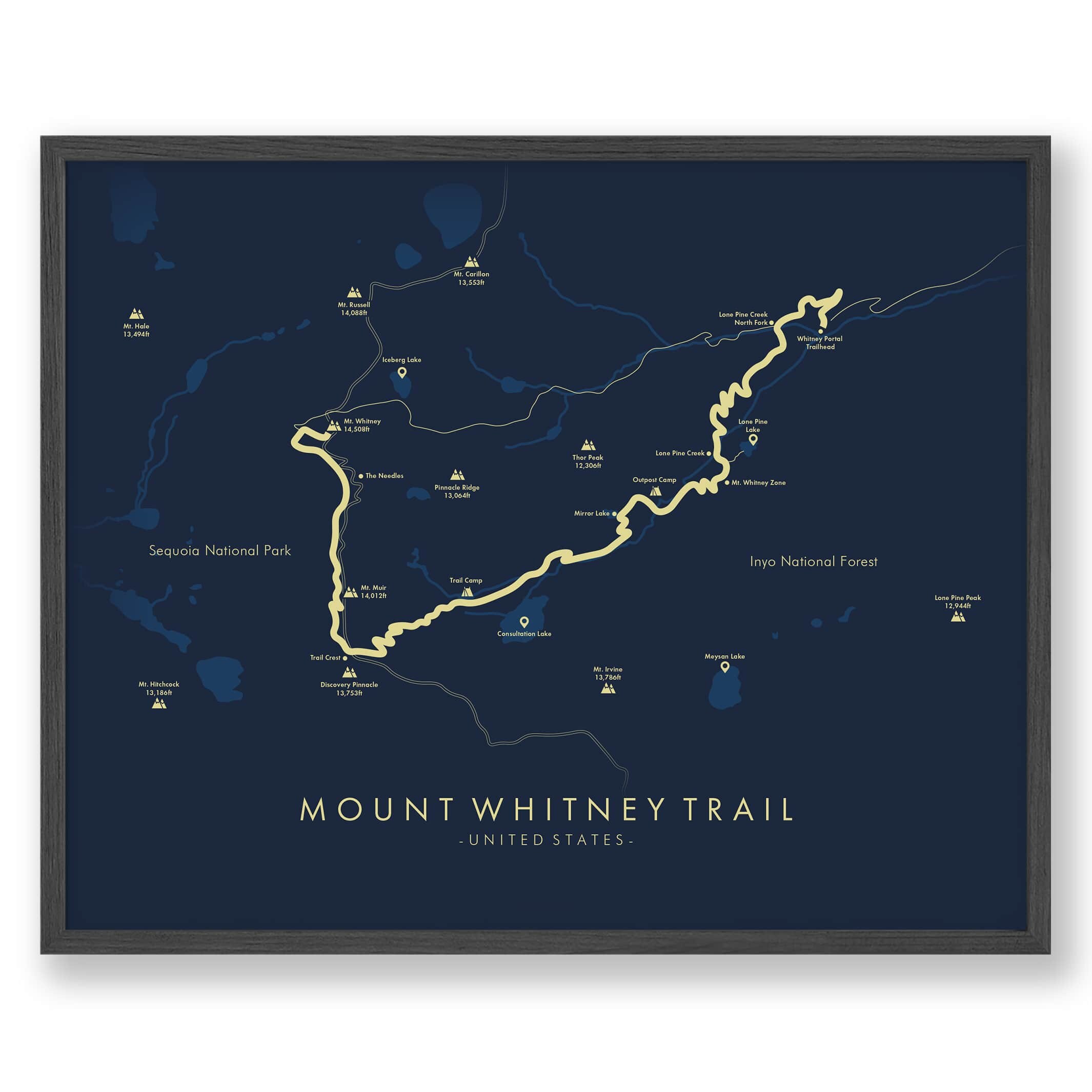 Mount Whitney Trail Map | Mount Whitney Trail Poster | Hiking USA ...