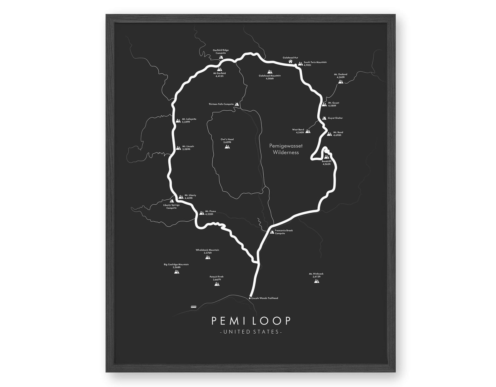 Pemi Loop Map | Pemi Loop Poster | White Mountain Hiking | USA Hiking ...