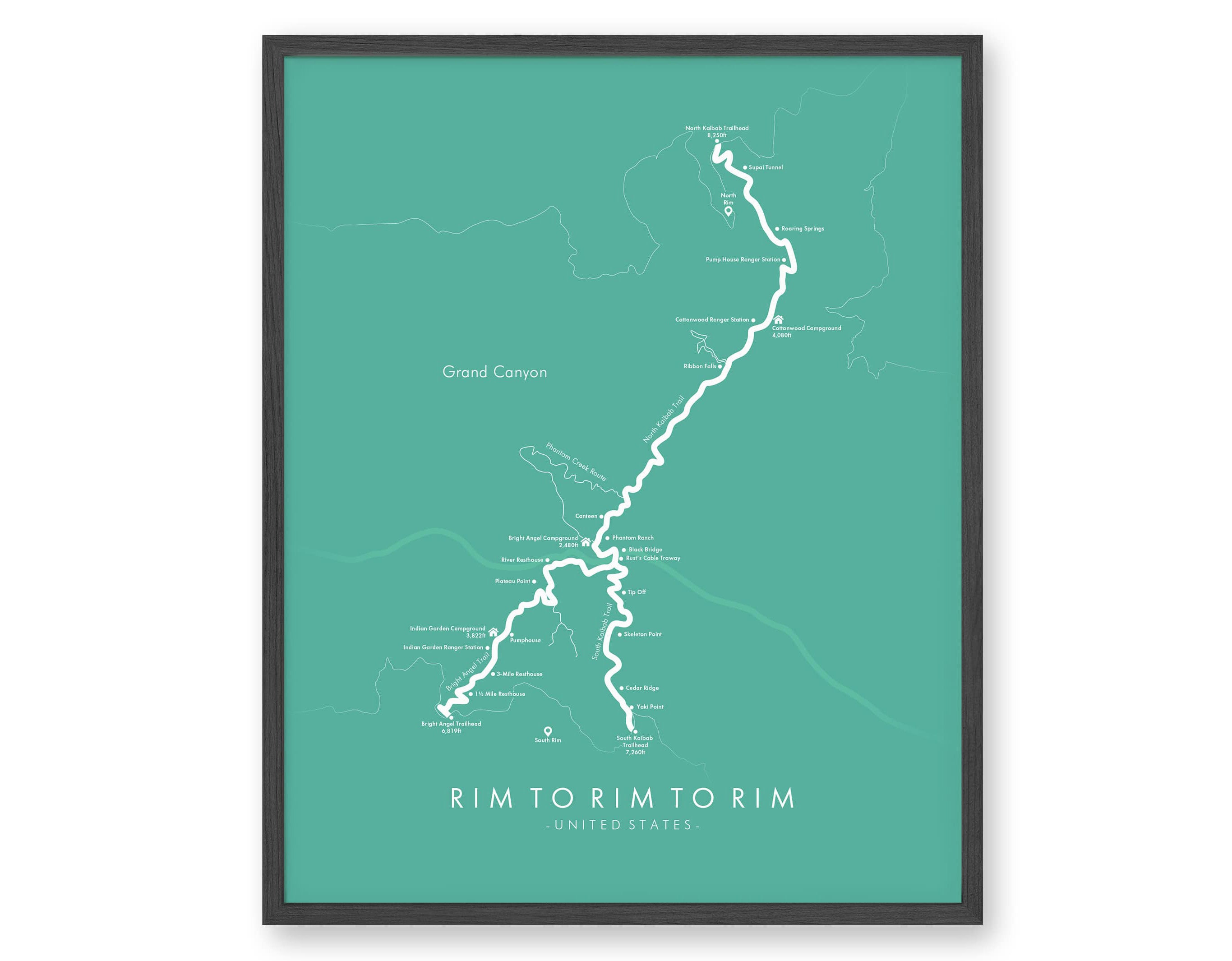 Rim to Rim to Rim Trail Map | Rim to Rim to Rim Hiking Trail Poster ...