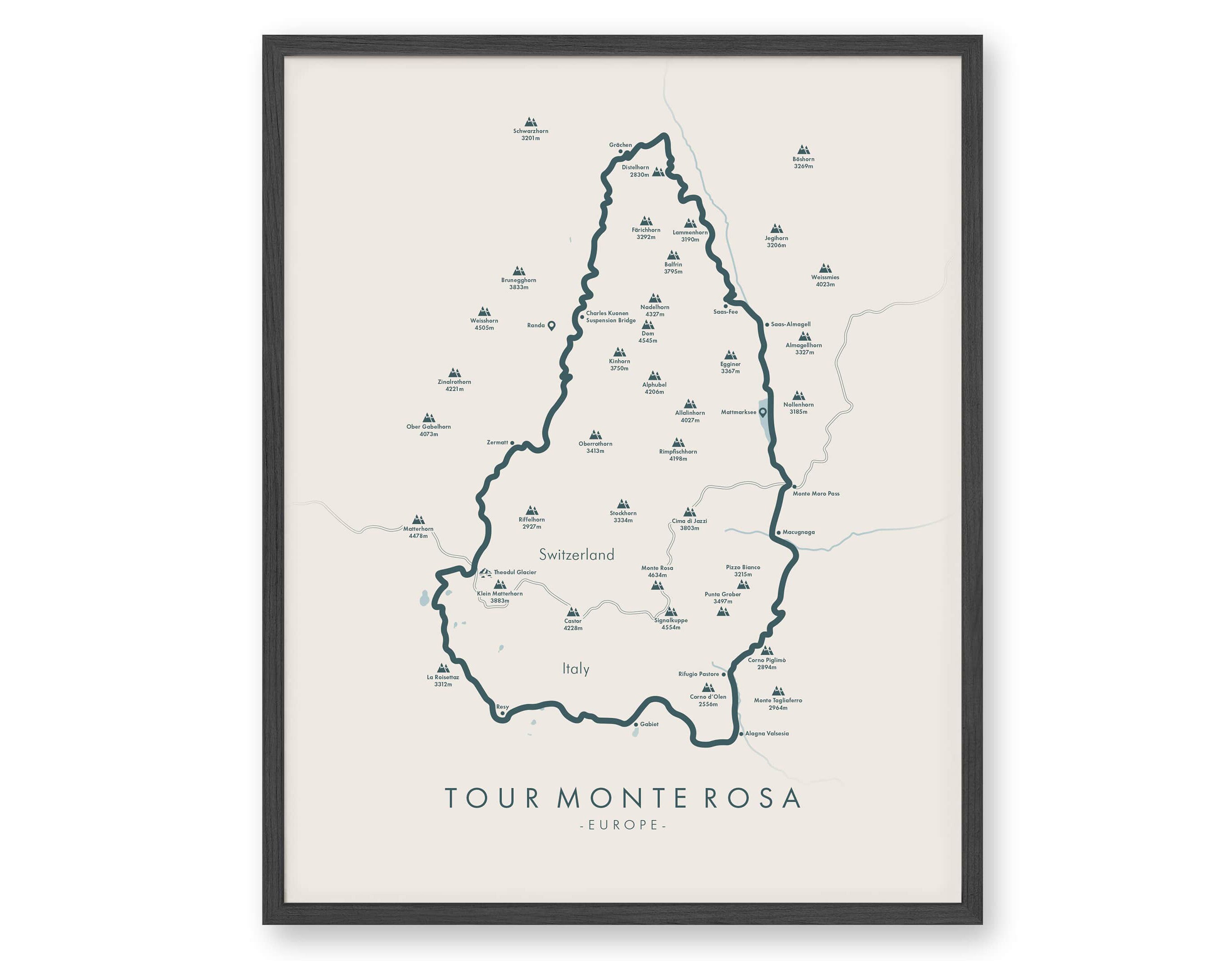 Tour Monte Rosa Map Tour Monte Rosa Poster Hiking Europe - Etsy